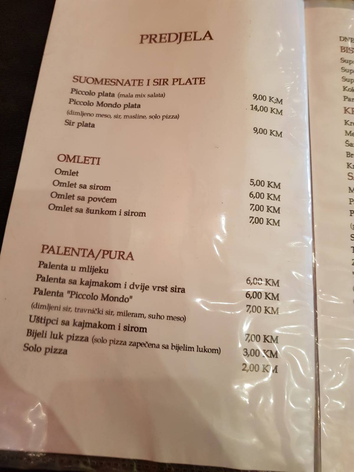 Menu at Piccolo Mondo restaurant, Sarajevo, Kotromanića 5