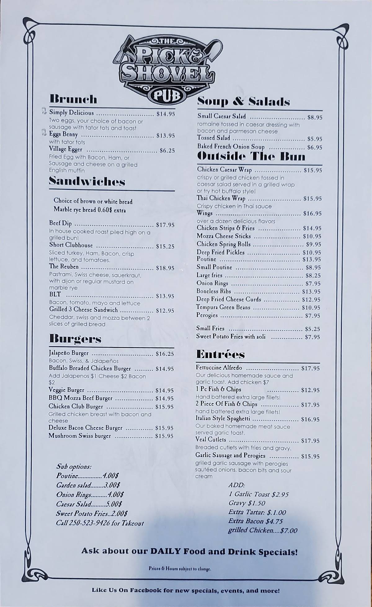 Menu at Pick & Shovel Pub, Logan Lake