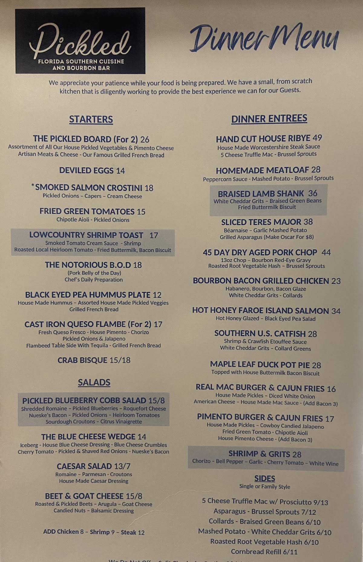 Menu at Pickled Restaurant & Bourbon Bar, Fort Pierce