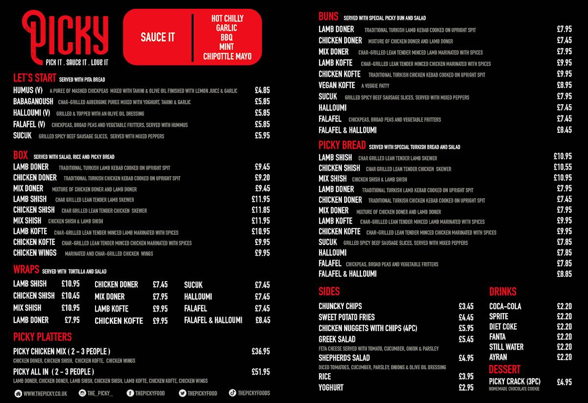 Menu at Picky restaurant, St Albans