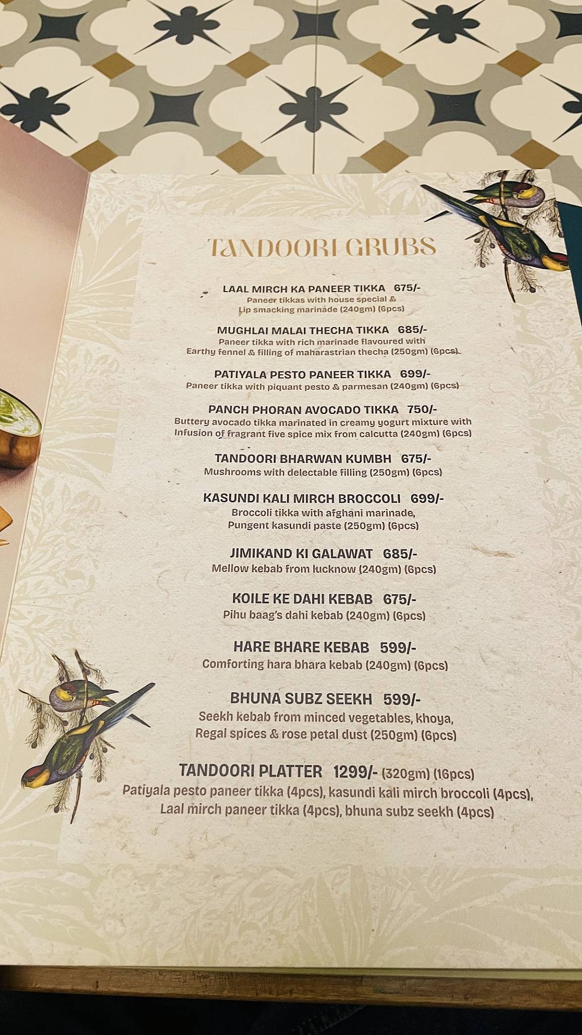 Menu at Pihu Baug, Ahmedabad