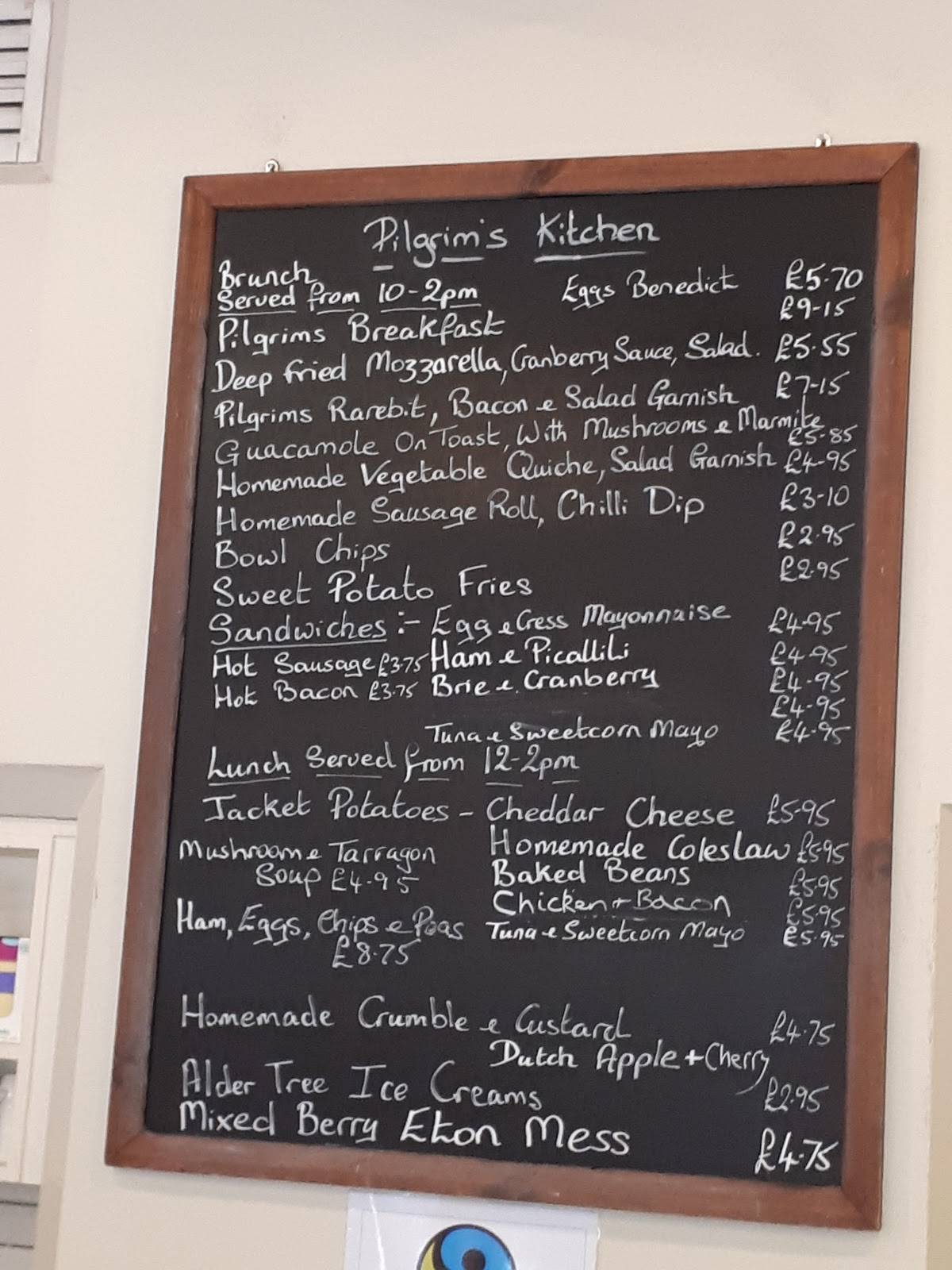 Menu at Pilgrims' Kitchen cafe, Bury Saint Edmunds