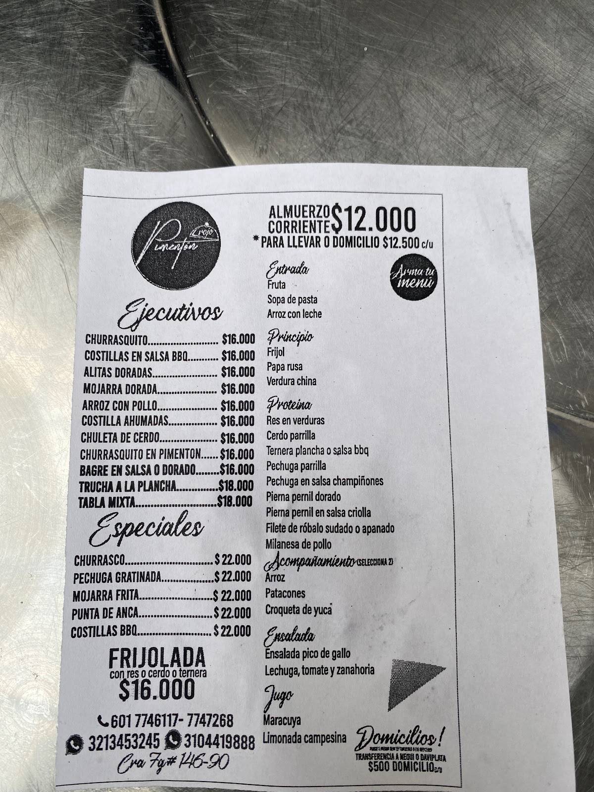 Carta del restaurante Pimenton Rojo, Bogotá, Cra. 7g #146-90