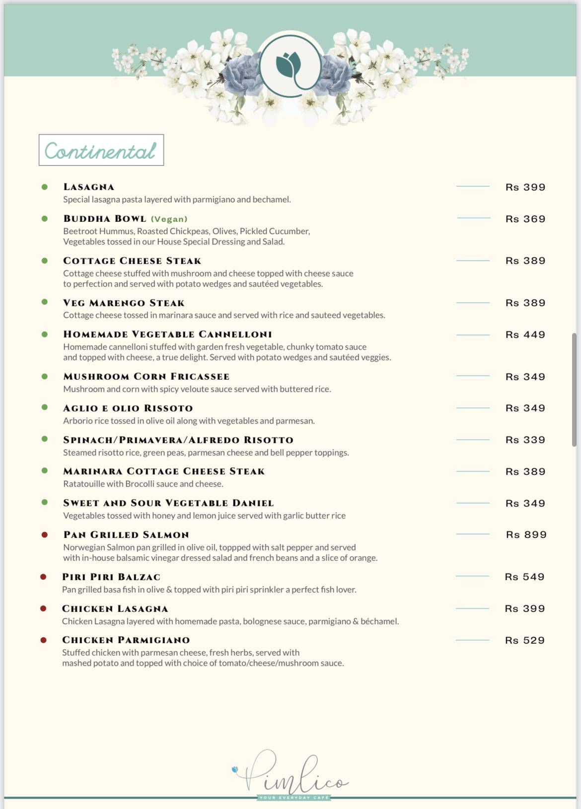 Menu at Pimlico, NIBM, Pune