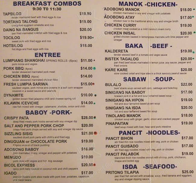 Menu at Pinoy Fiesta Restaurant, Middle Swan