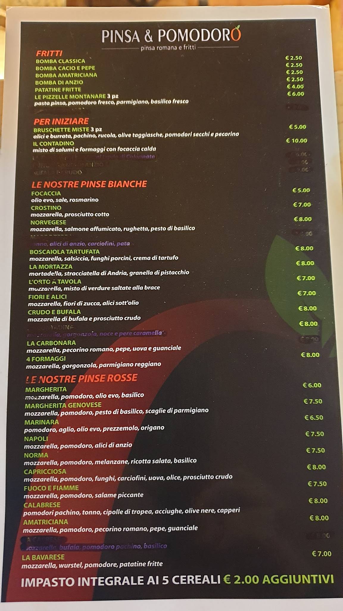 Menu au Pinsa&pomodoro restaurant, Anzio