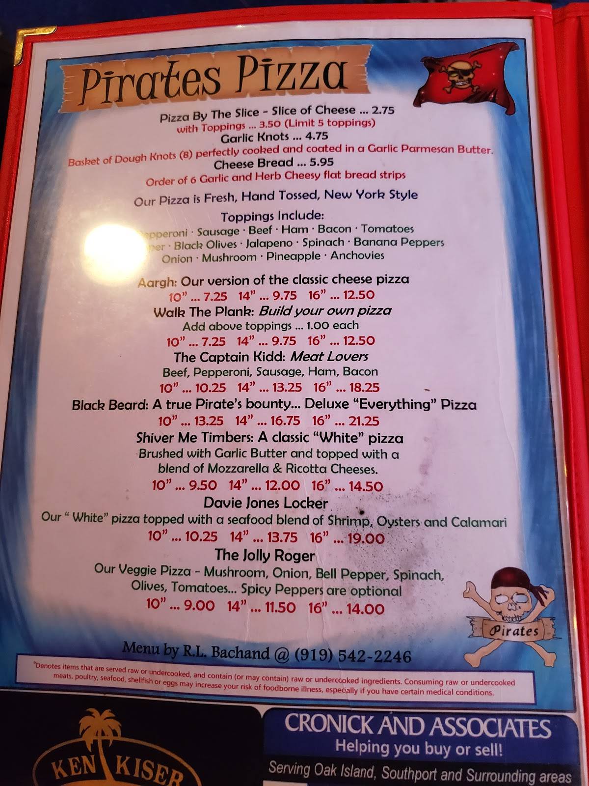 Menu at Pirates Deck pub & bar, Oak Island, E Oak Island Dr