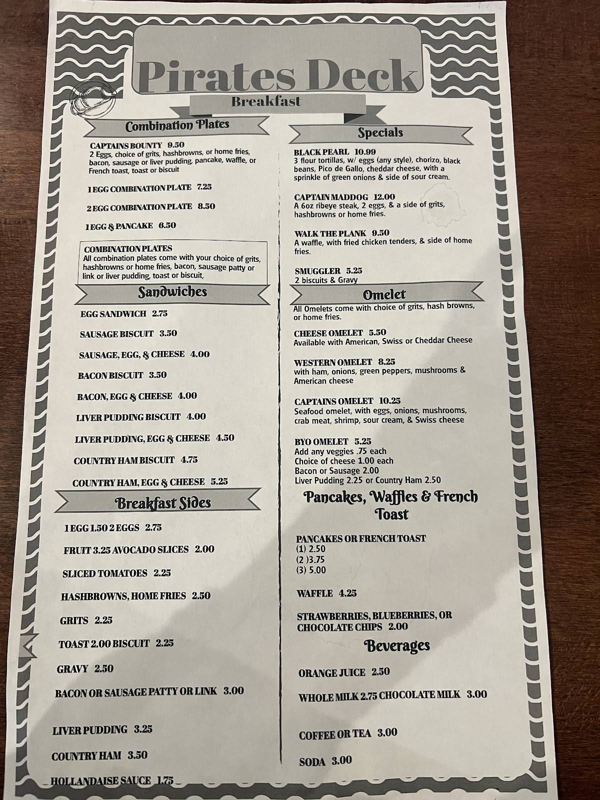 Menu at Pirates Deck pub & bar, Oak Island, E Oak Island Dr