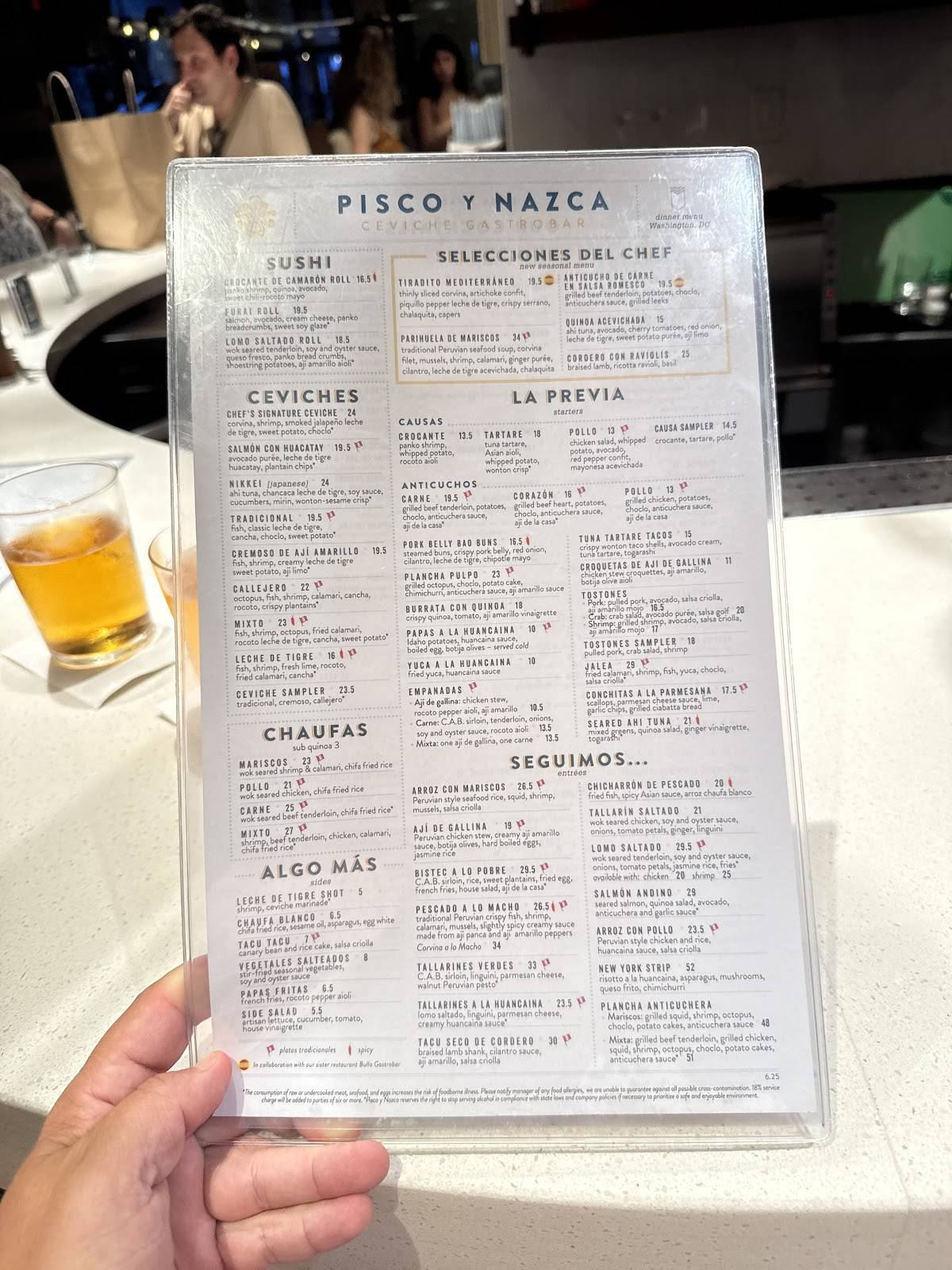 Menu at Pisco y Nazca Ceviche Gastrobar, Washington
