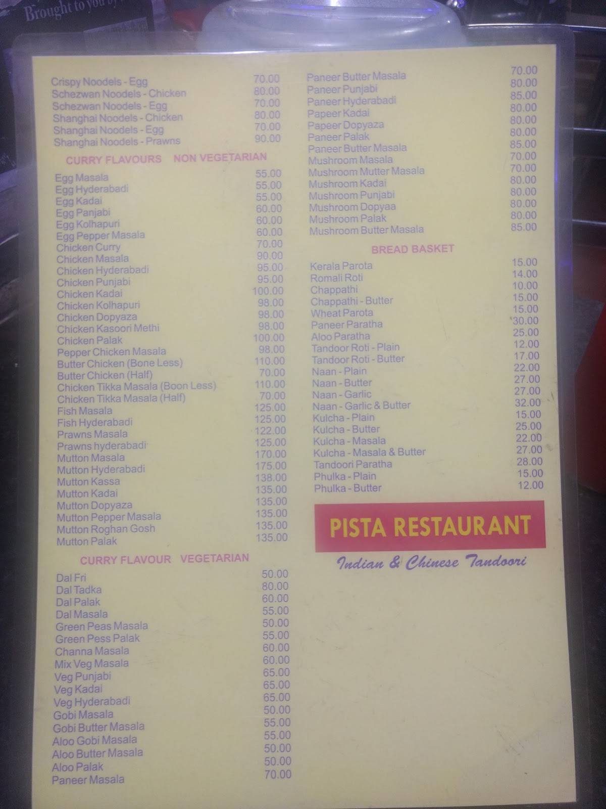 Menu at Pista Fast Food Center, Bengaluru