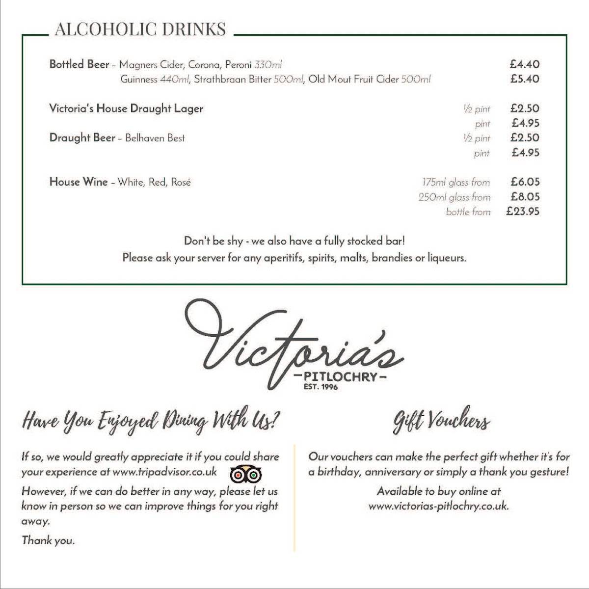 Menu at Victoria's Restaurant, Pitlochry