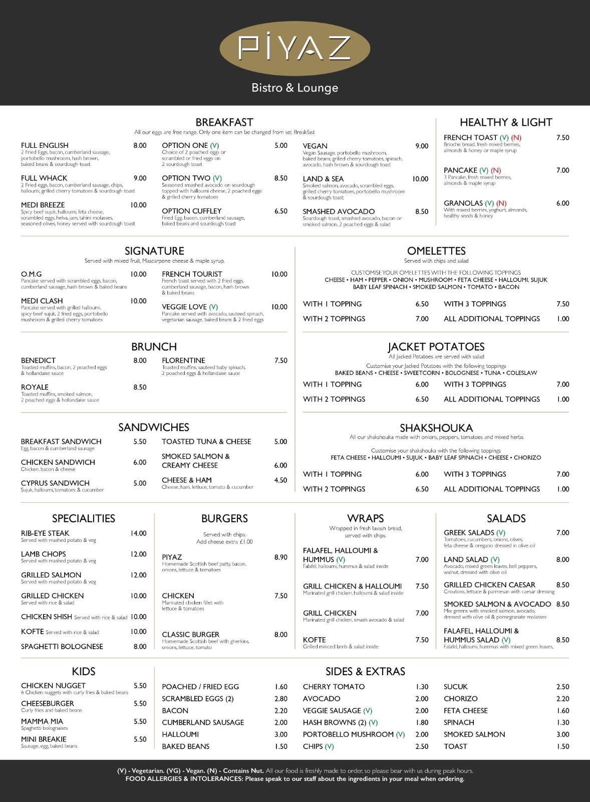 Menu at Piyaz Bistro and Lounge restaurant, Cuffley
