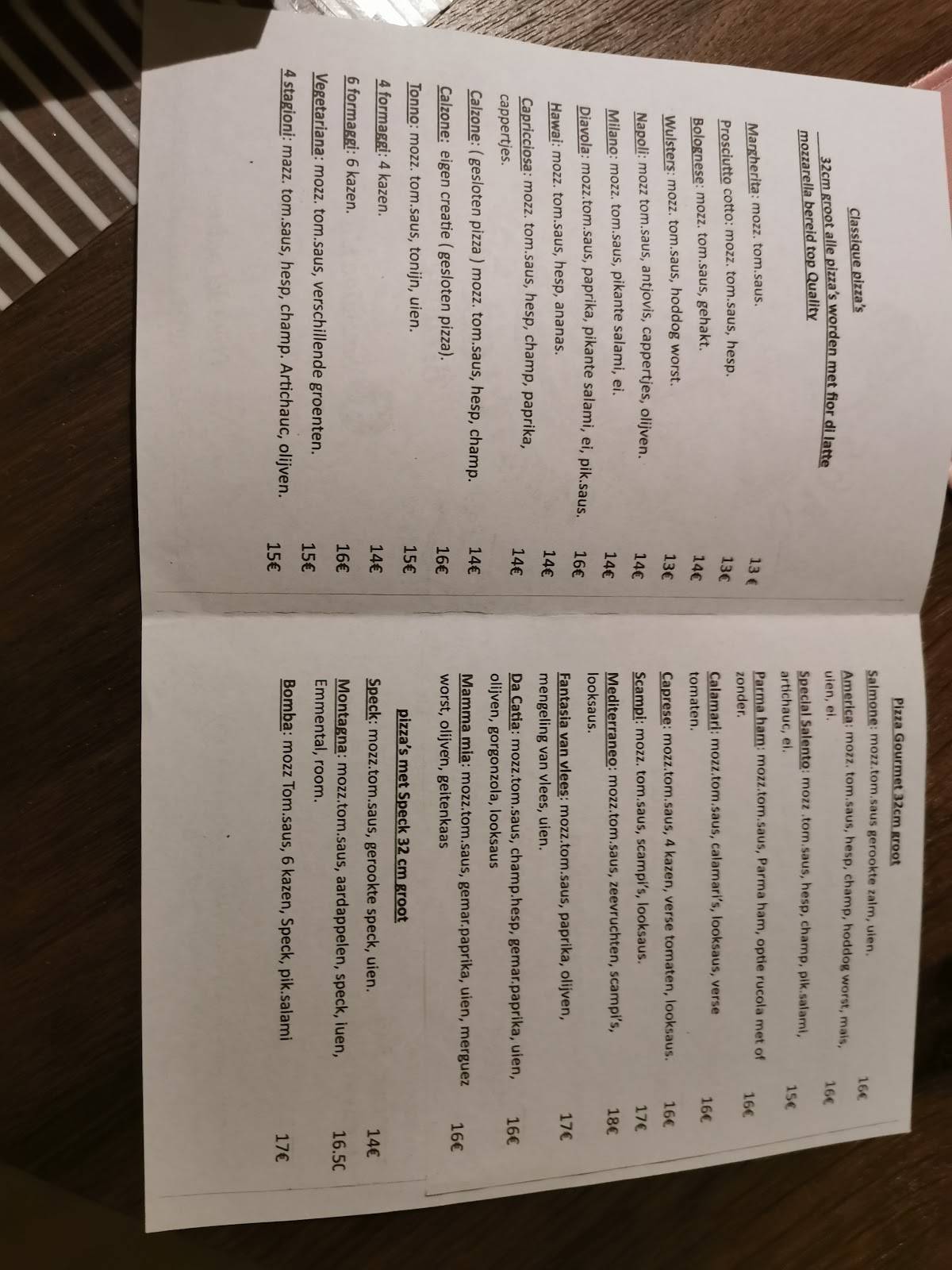 Menu at Pizza Del Salento, Bredene, Sluizenstraat 94