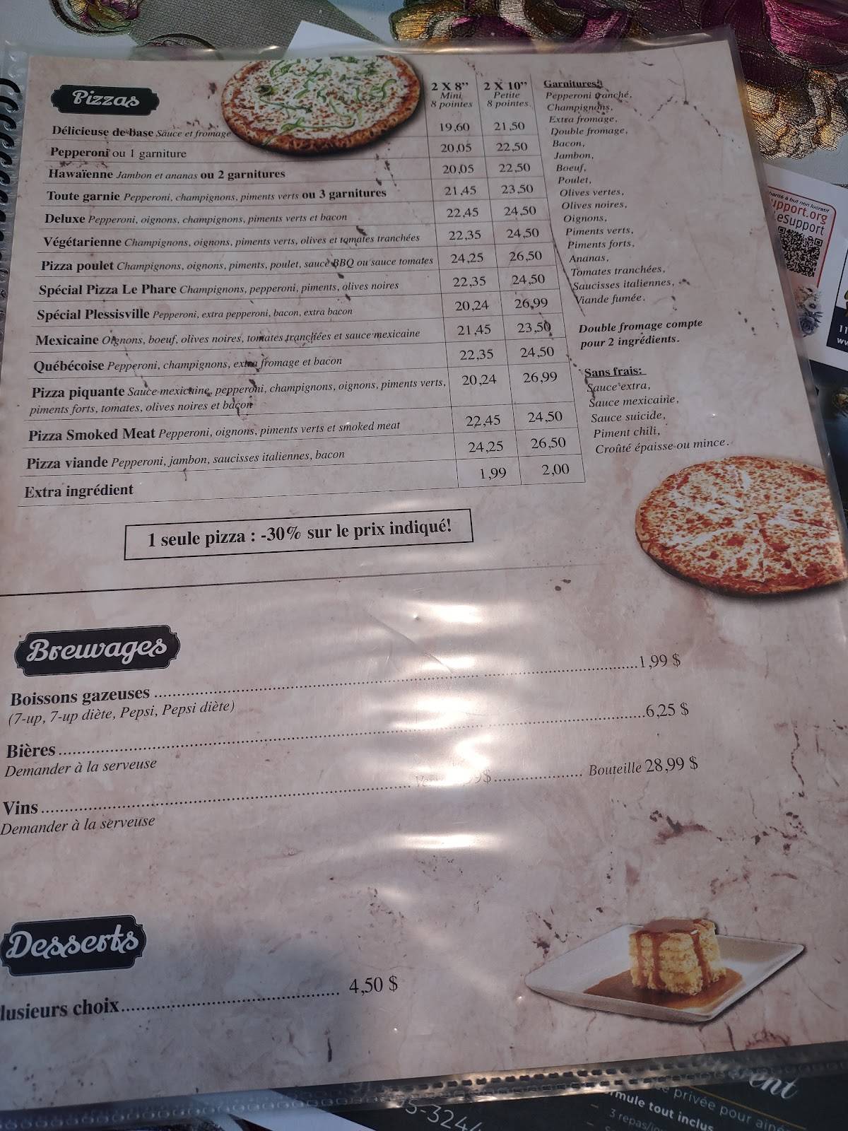 Menu au Pizza Le phare restaurant, Plessisville