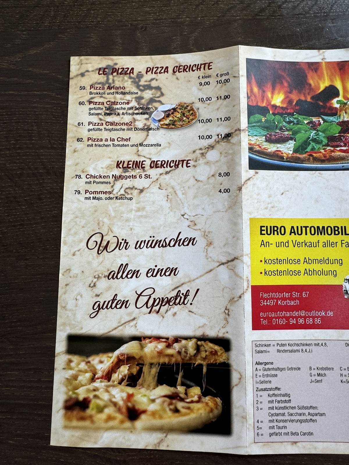 Speisekarte von Pizza Mario, Diemelsee