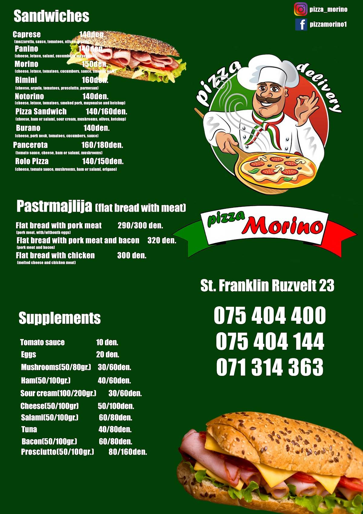Menu at Morino restaurant, Skopje