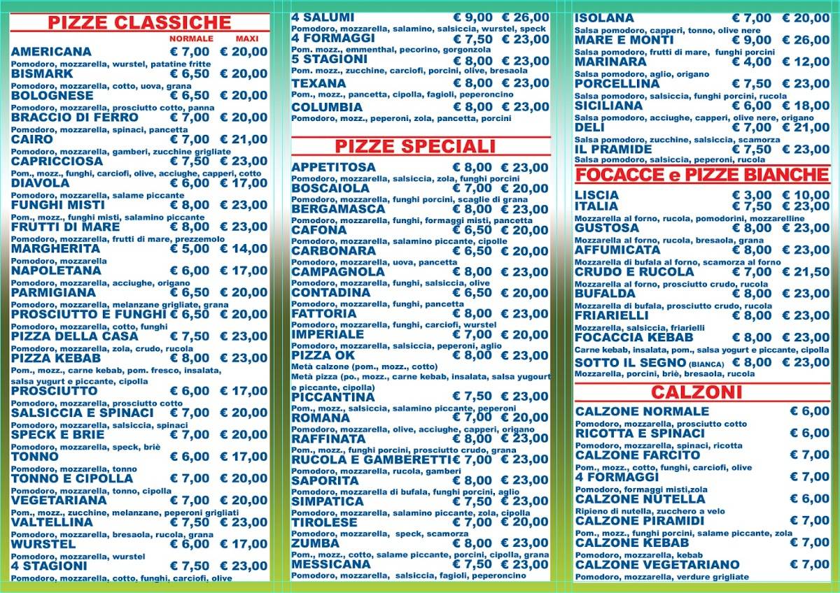 Menu da Pizza Ok pizzeria, Bregnano