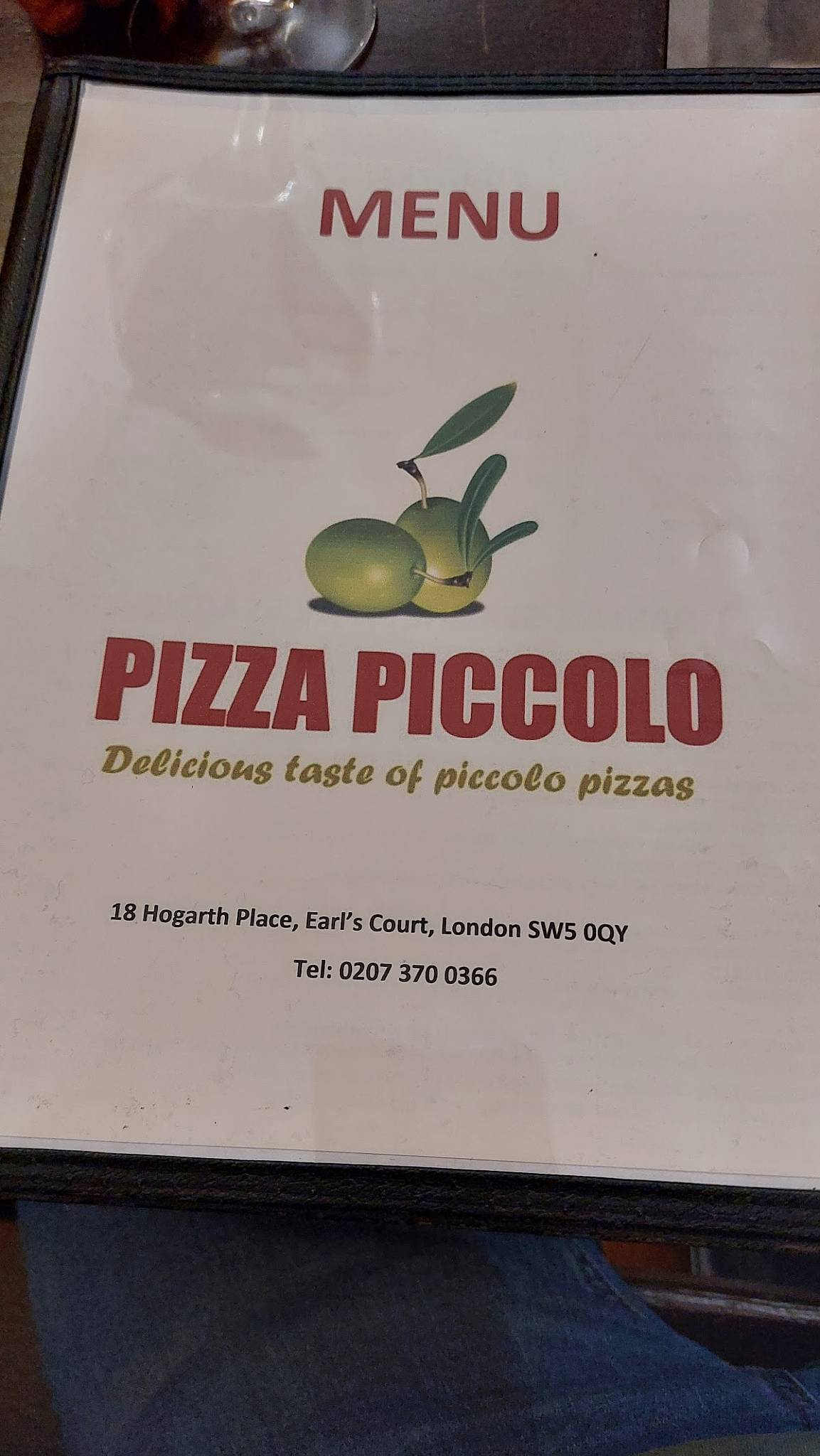 Menu at Pizza Piccolo Restaurant, London, 18 Hogarth Pl