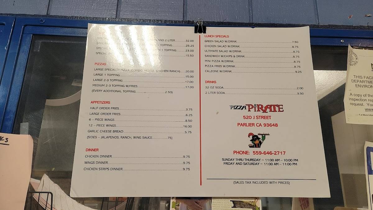 Menu at Pizza Pirate pizzeria, Parlier