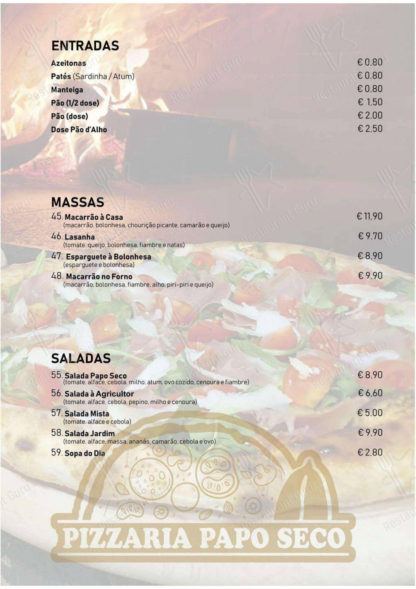Menu em Pizzaria Papo Seco, Lda., Tábua