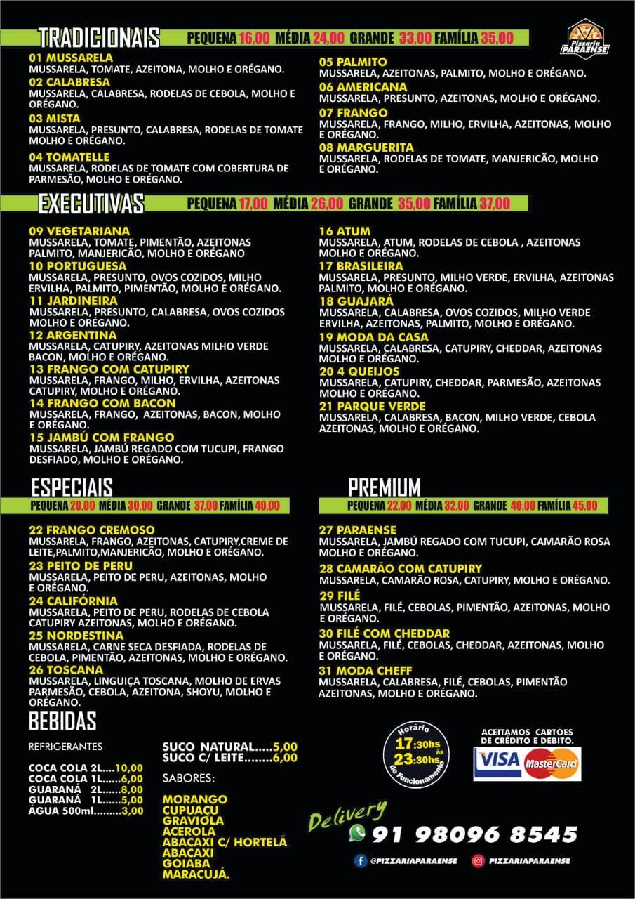 Menu em Pizzaria Paraense, Belém, Rod. Mario Covas
