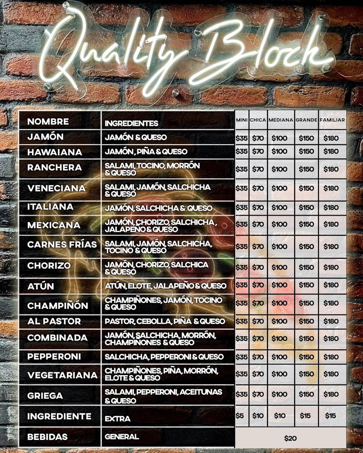 Menu at Pizzas Quality Block restaurant, Guadalajara