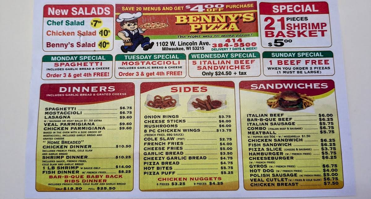 Menu at Benny's Pizza pizzeria, Milwaukee