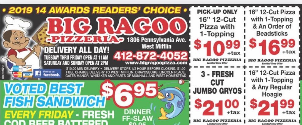 Menu at Big Ragoo Pizzeria, West Mifflin