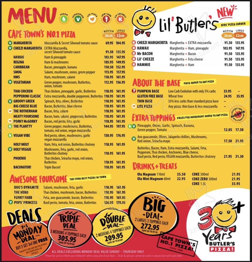 Menu at Butler's Pizza pizzeria, Cape Town, 102 Edward Road