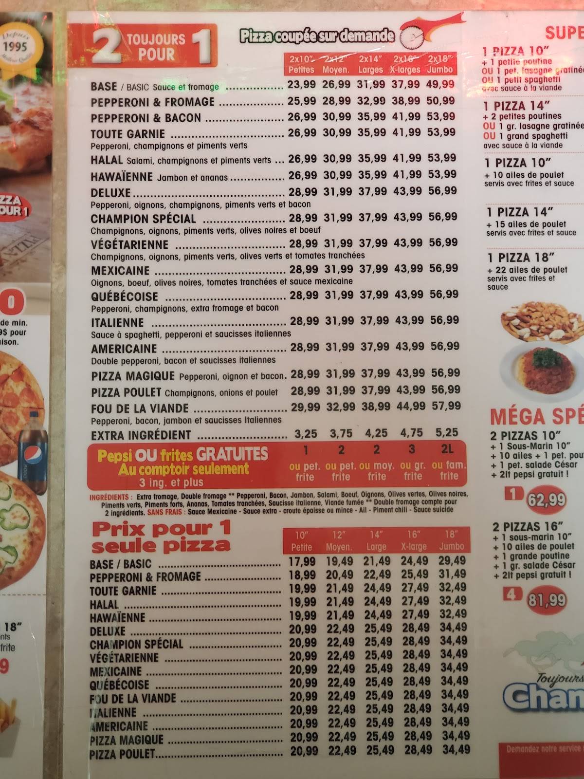 Menu au Pizza Champion Repentigny 2 pour 1 pizzeria, Repentigny