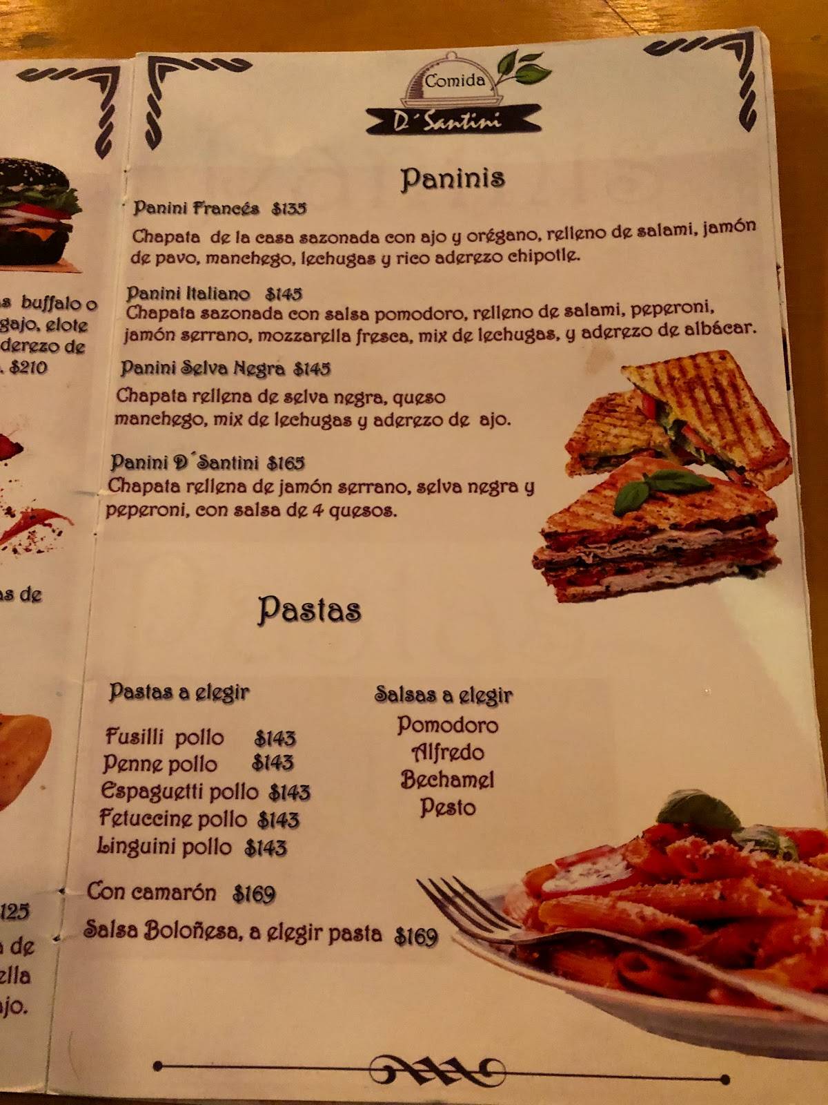 Menu at D' Santini pizzeria, Puerto Vallarta