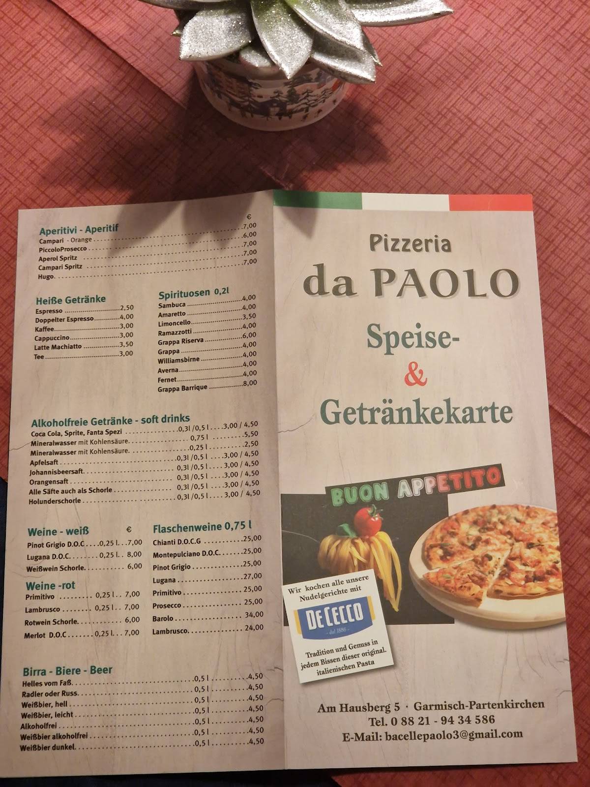 Speisekarte von Pizzeria - Da Paolo, Garmisch-Partenkirchen
