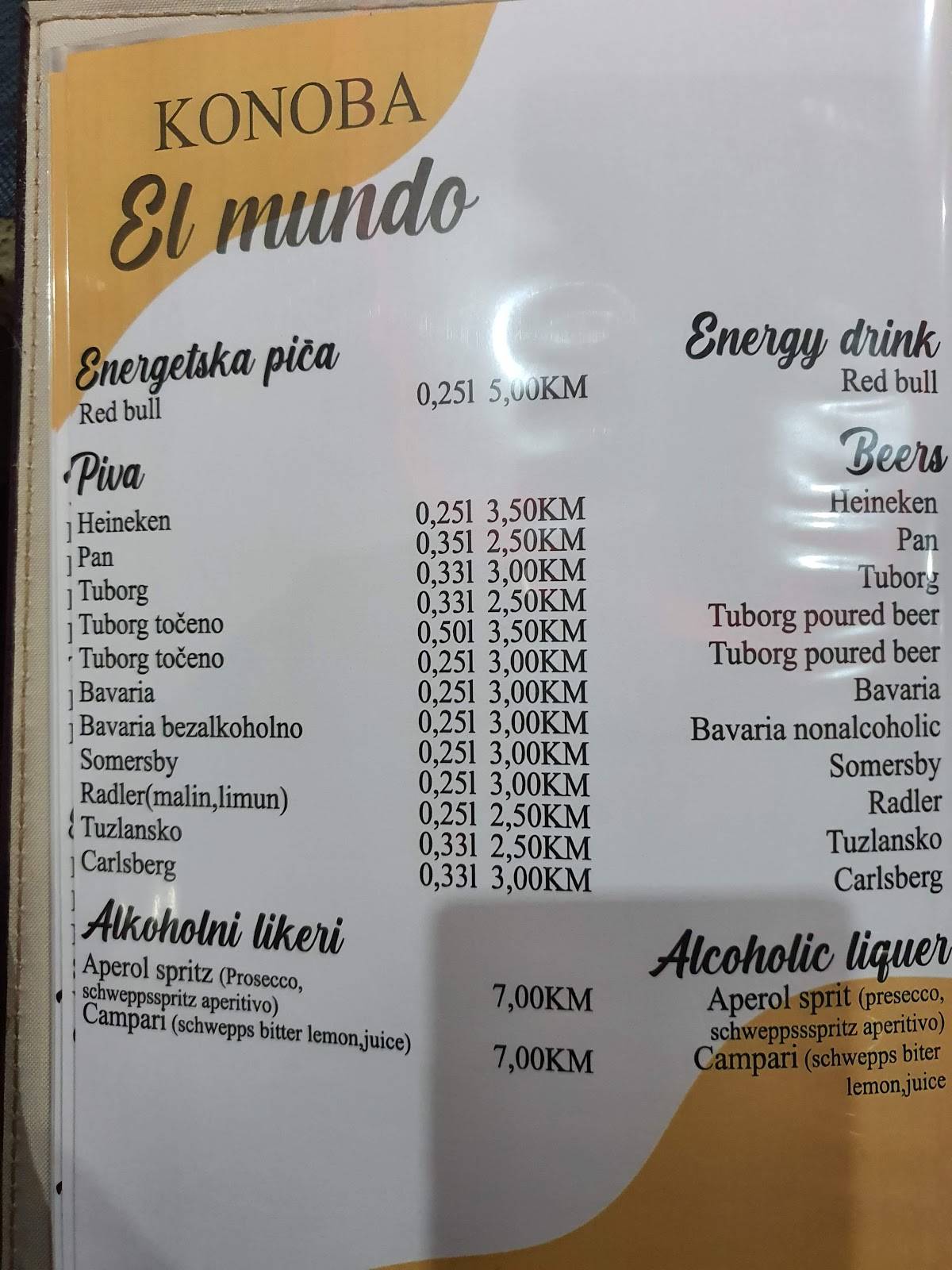 Menu at Pizzeria "El Mundo", Gradačac