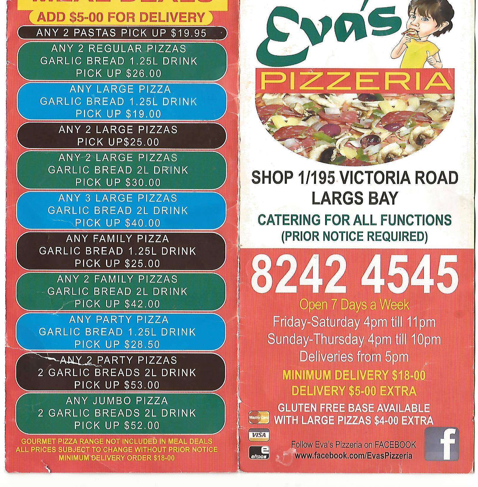 Menu at Eva's Pizzeria, Largs Bay