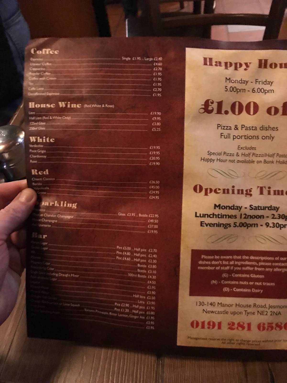 Menu at Pizzeria Francesca, Newcastle upon Tyne