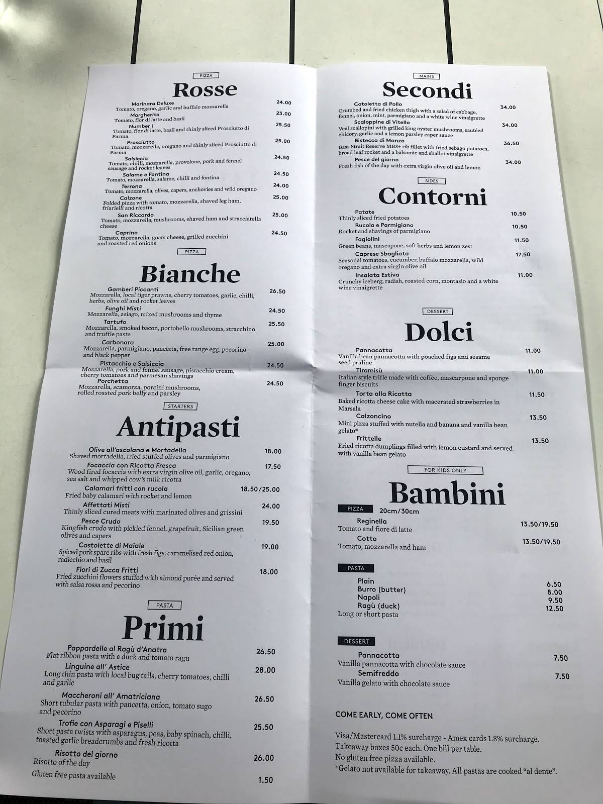 Menu at Julius Pizzeria, South Brisbane