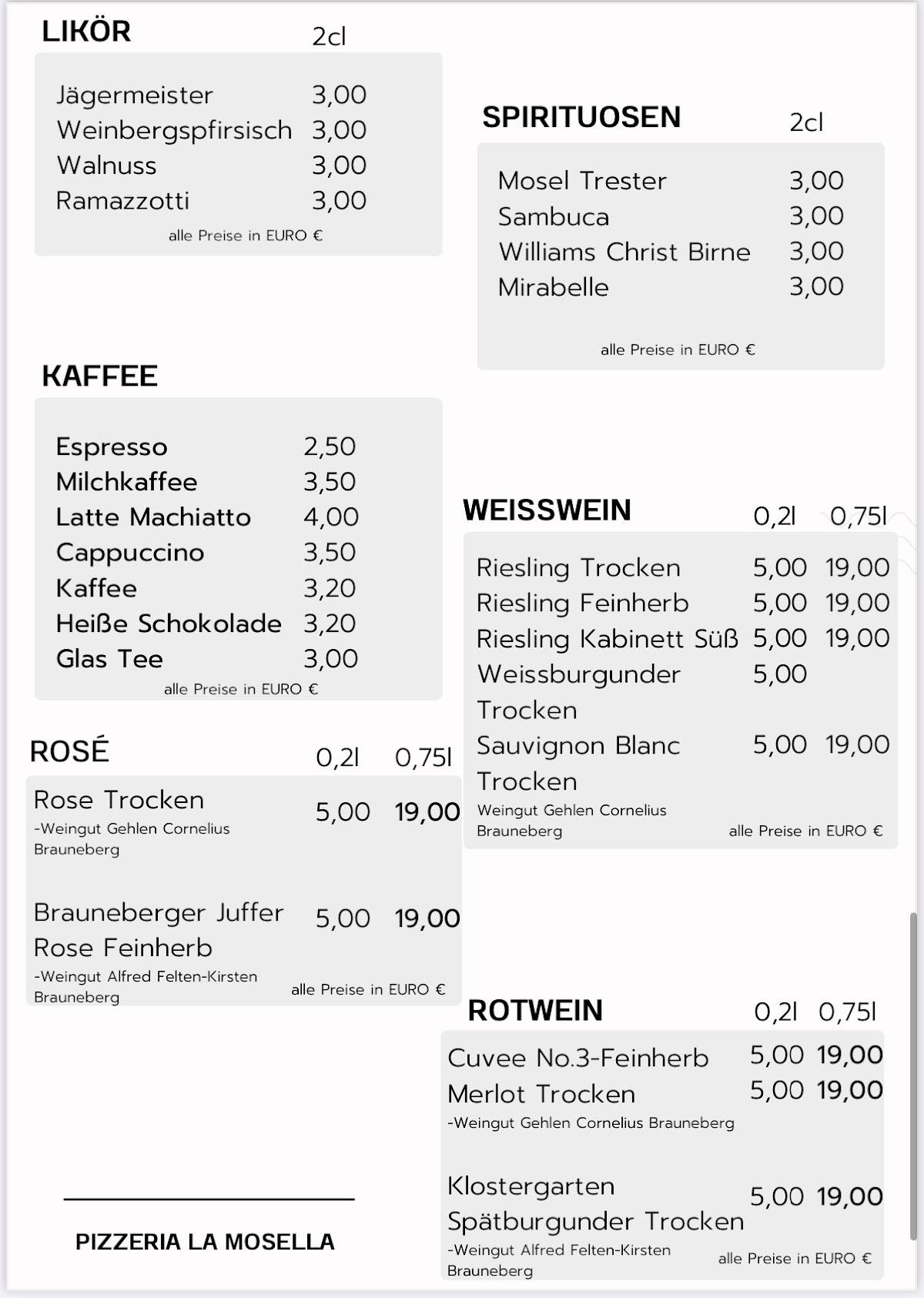 Speisekarte von Pizzeria La Mosella, Brauneberg