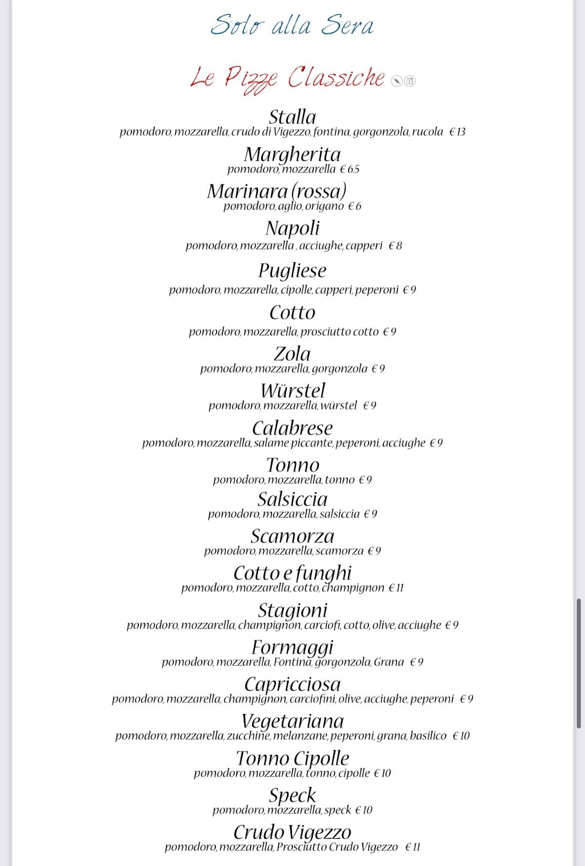 Menu da La Stalla pizzeria, Craveggia