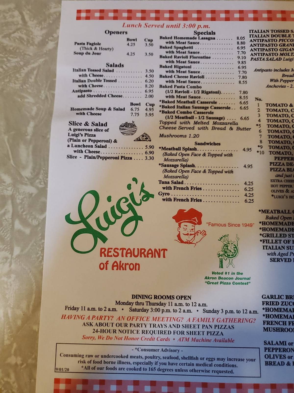Menu at Luigi's Restaurant, Akron