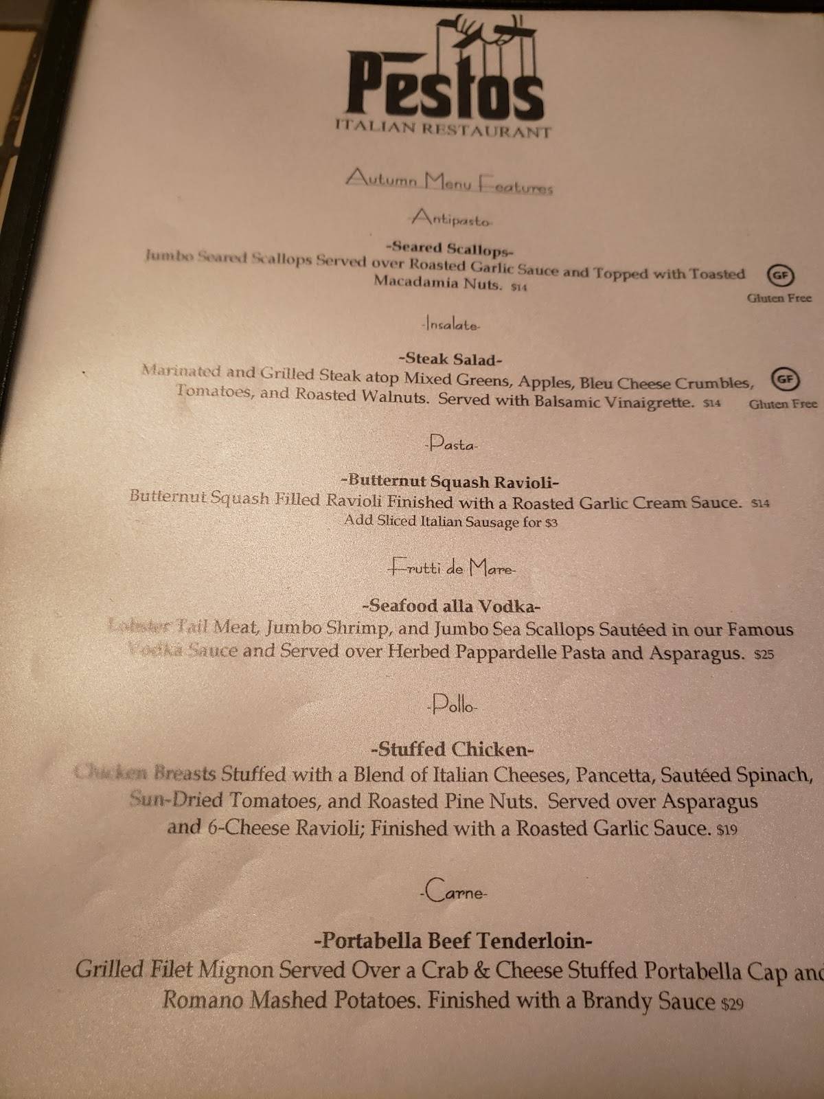 Menu at Pesto's Italian Restaurant, Valparaiso