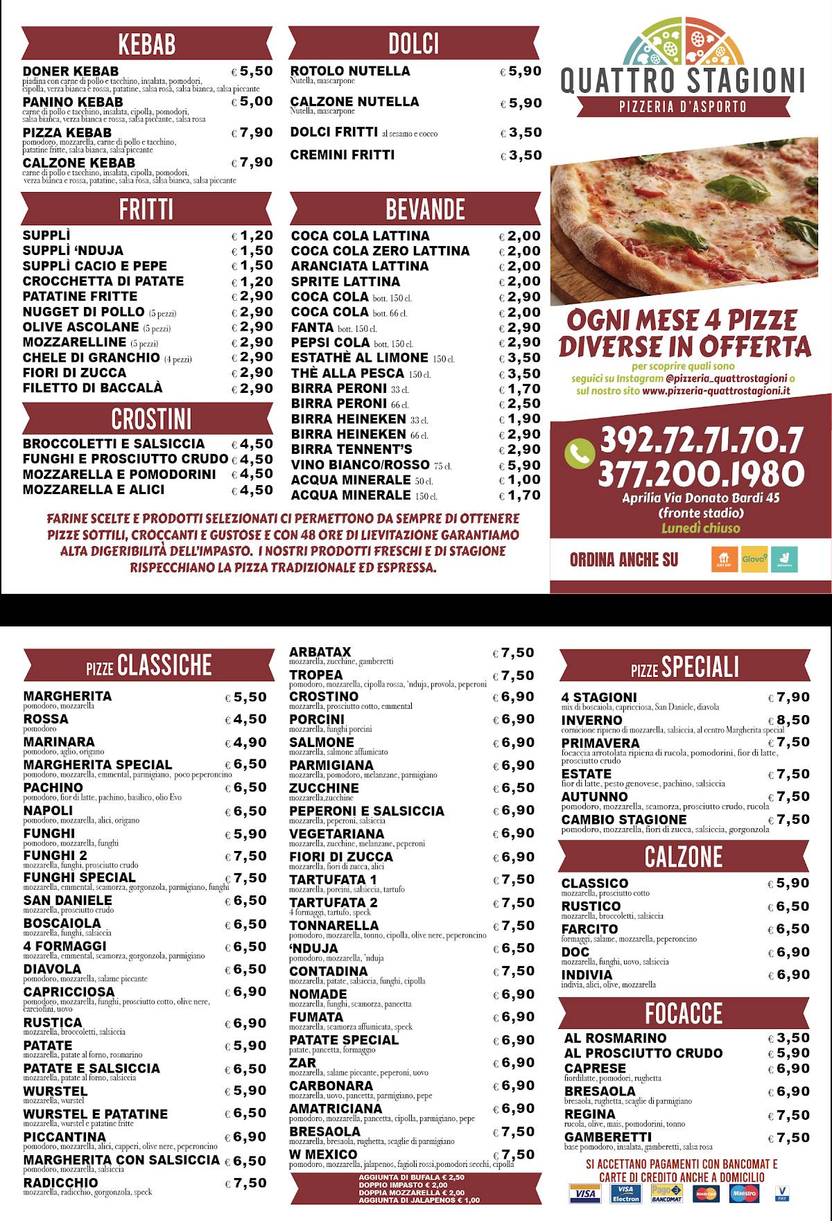 Menu au Pizzeria Quattro Stagioni, Aprilia