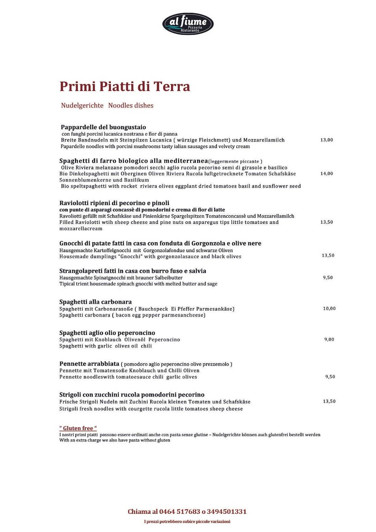 Speisekarte von Pizzeria Ristorante al Fiume, Arch