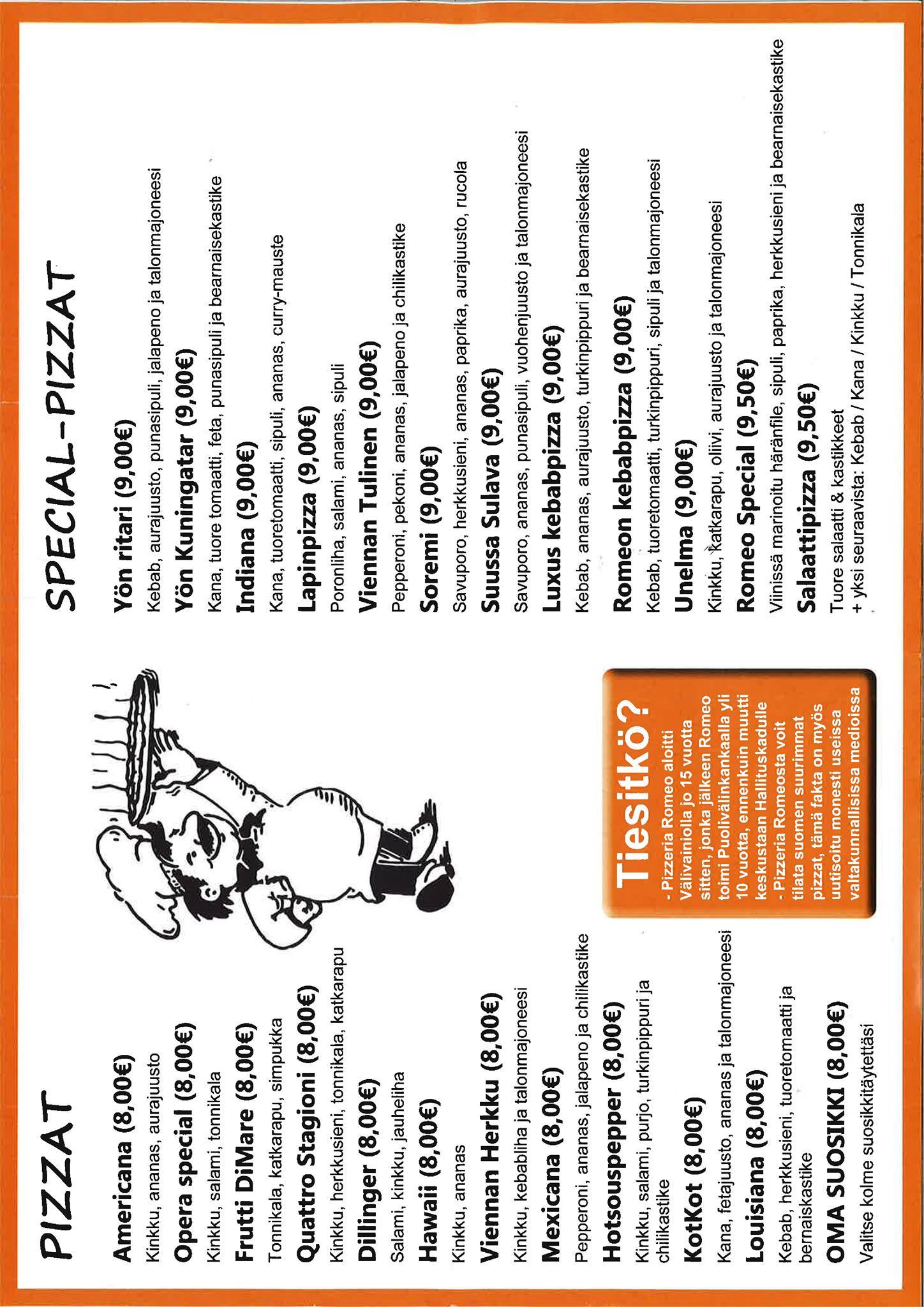 Menu at Pizzeria Romeo & Vienna, Oulu, Hallituskatu 30