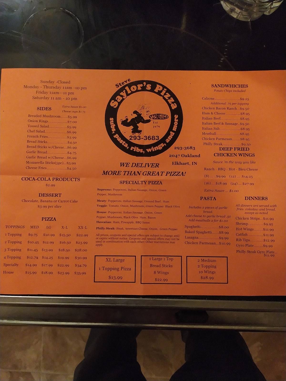 Menu at Saylor's Pizza & More pizzeria, Elkhart