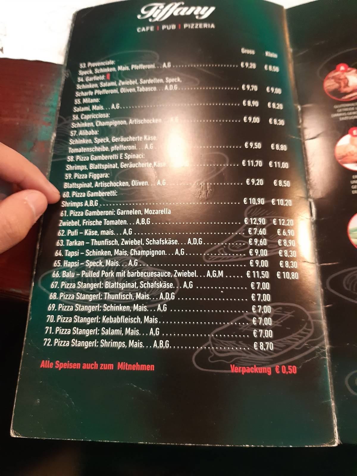 Speisekarte von Pizzeria Tiffany, Rechnitz