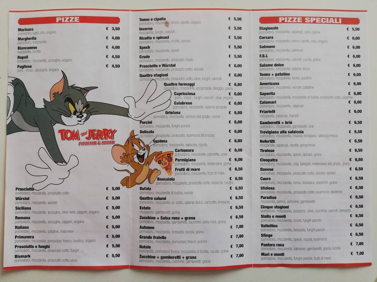 Menu at Pizzeria Tom e Jerry, Boltiere