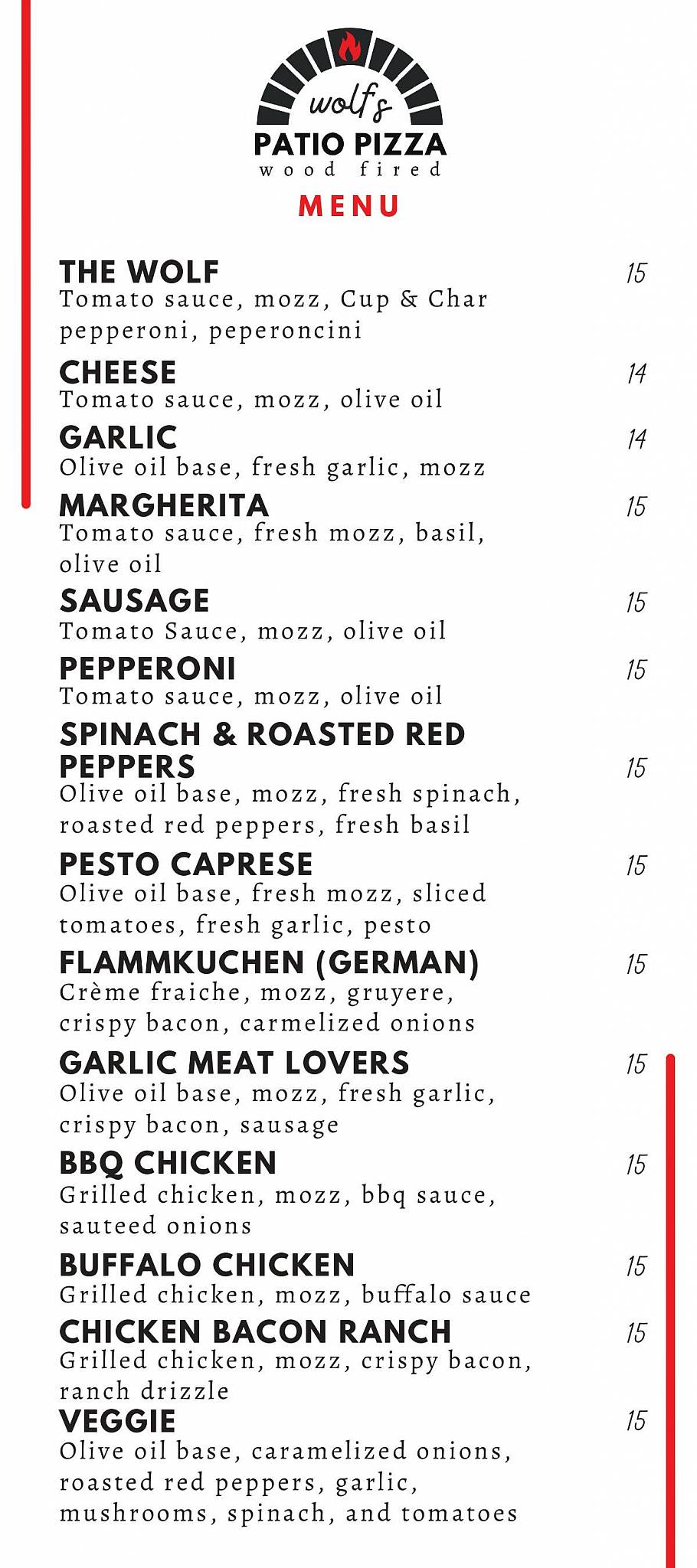 Menu at Wolf's Patio Pizza pizzeria, Liverpool