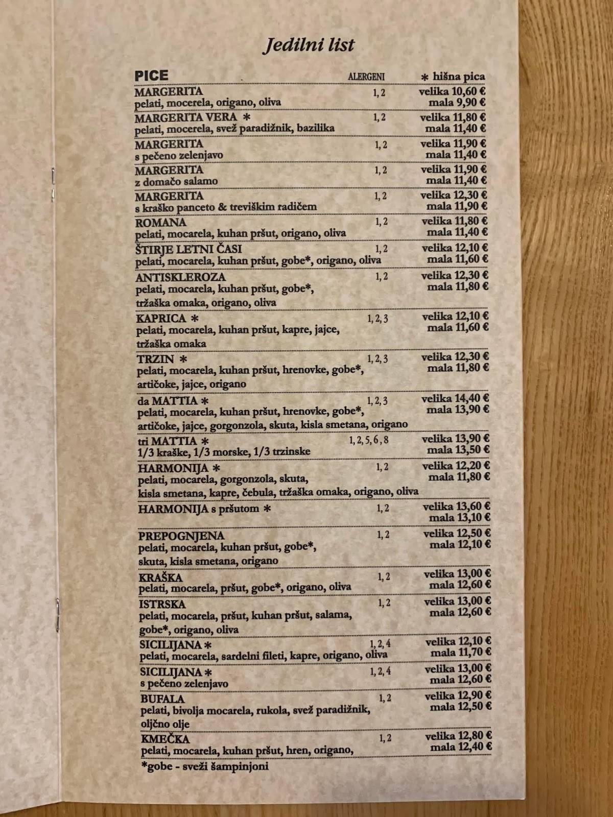 Menu at Pizzeria da Mattia, Trzin