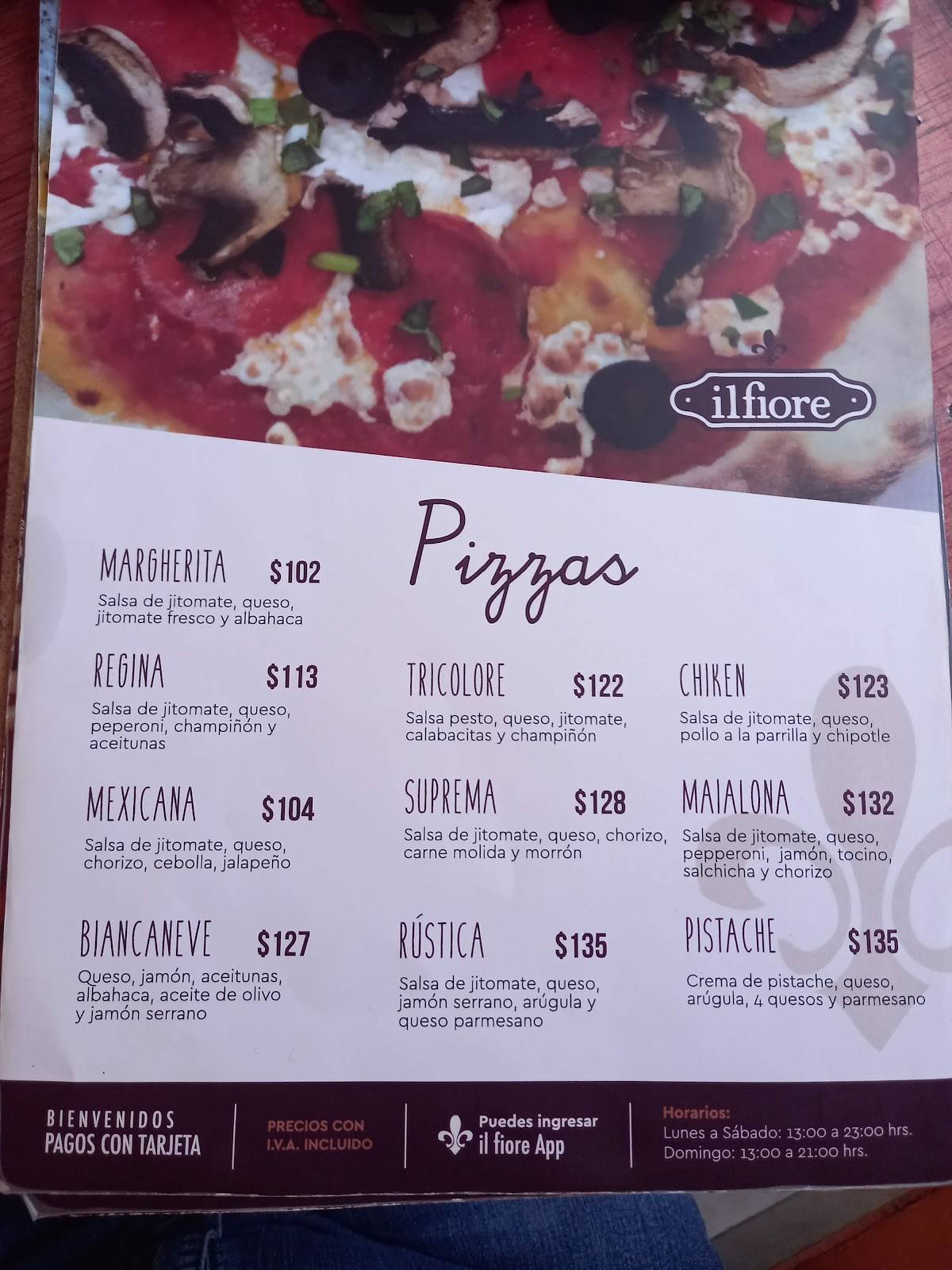 Carta de pizzería il Fiore, Guadalajara