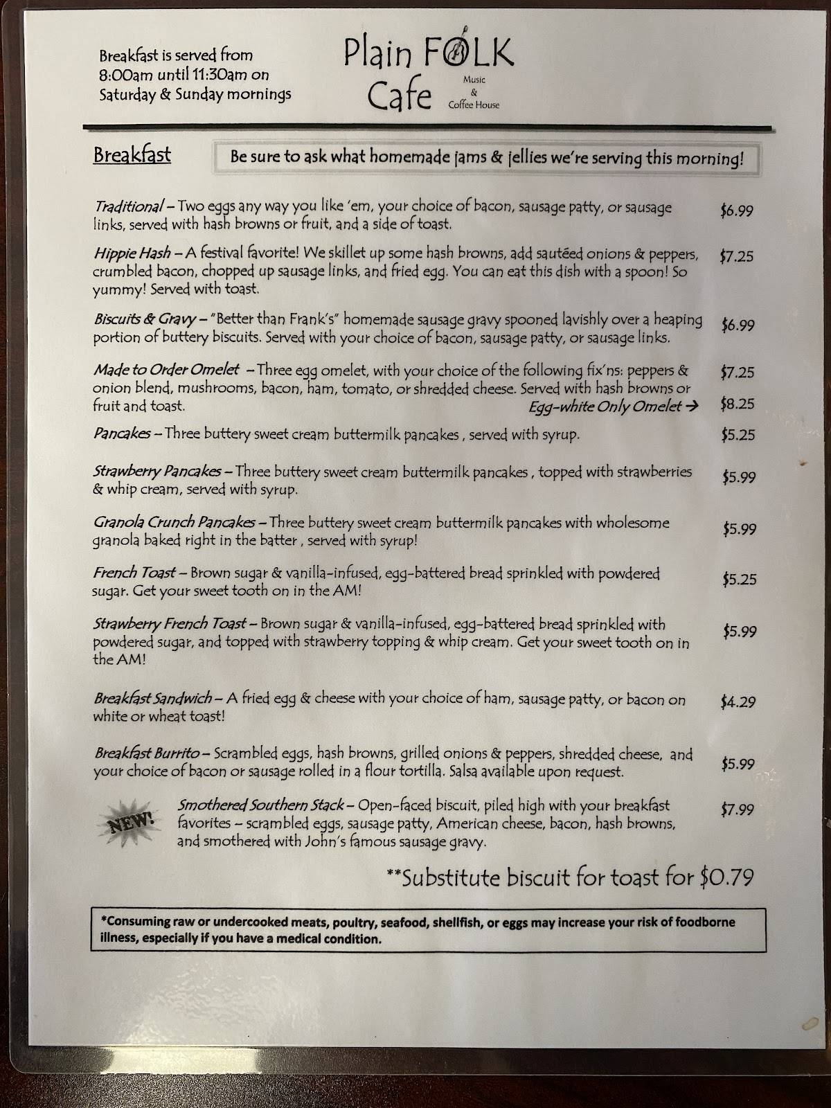 Menu at Plain Folk Live Music Cafe, Pleasant Plain